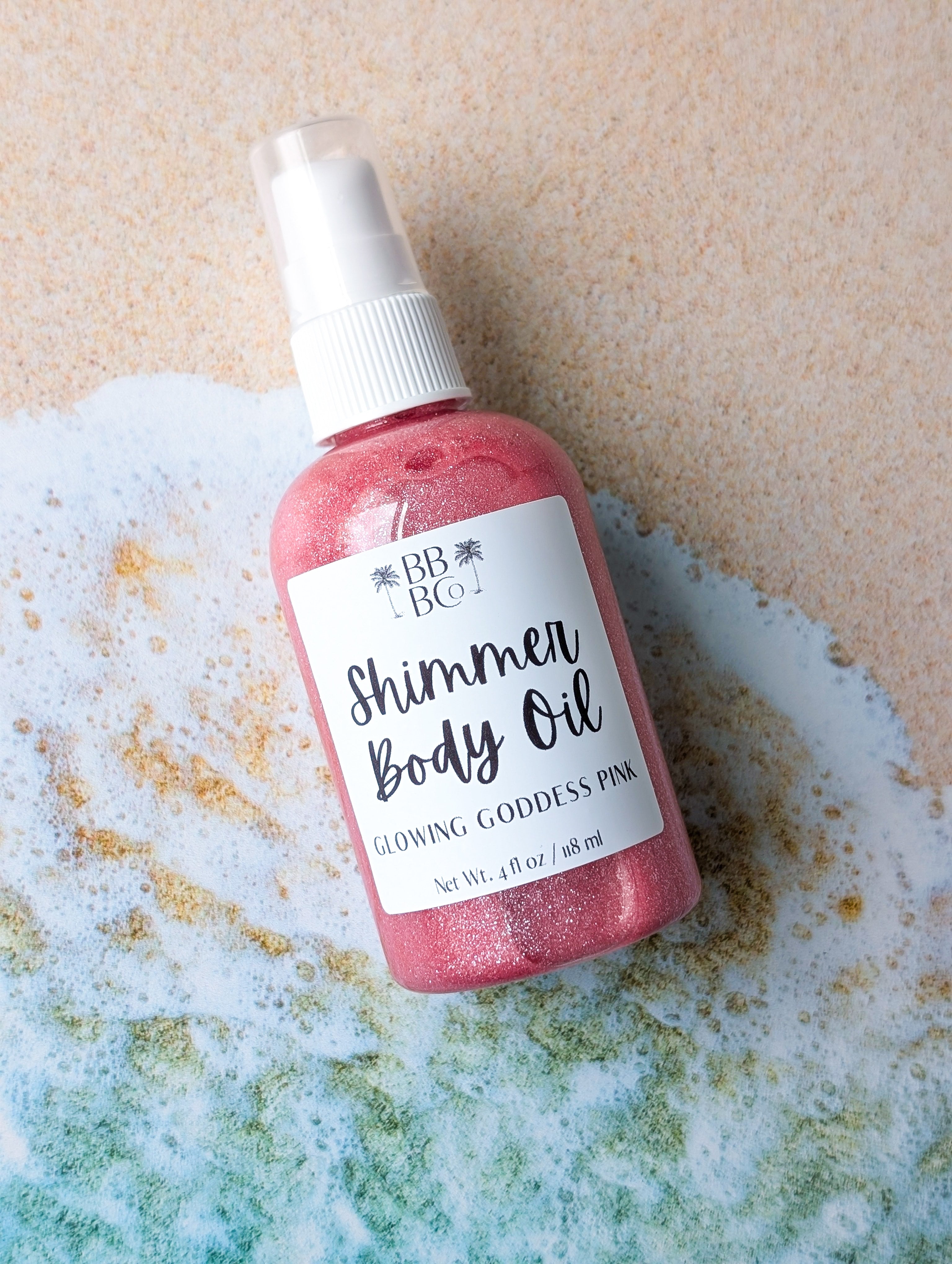 Shimmer Body Oil- Goddess Glow Pink – Beachy Bubbles Bath Co